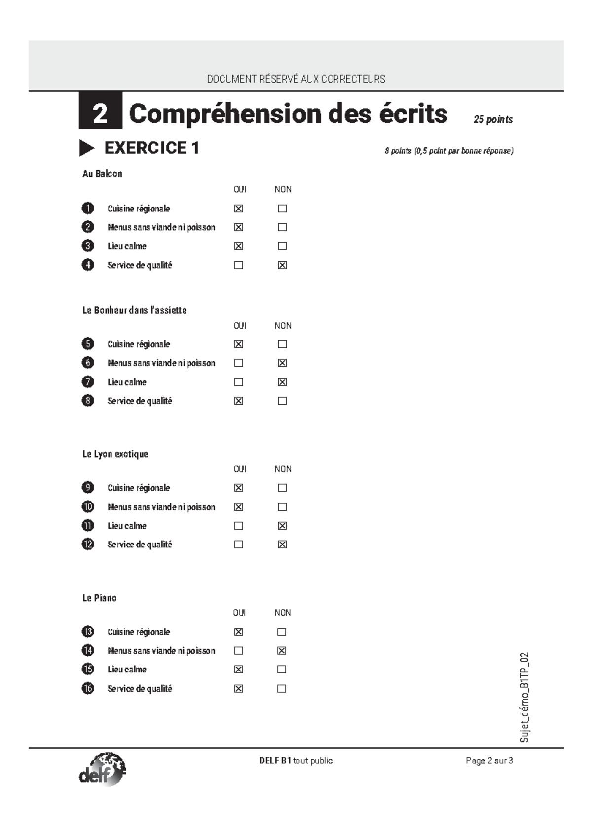 Corrigé compréhension écrite DELF B1 - Page 2 sur 3 Sujet_démo_B1TP_ DOCUMENT RÉSERVÉ AUX - Studocu