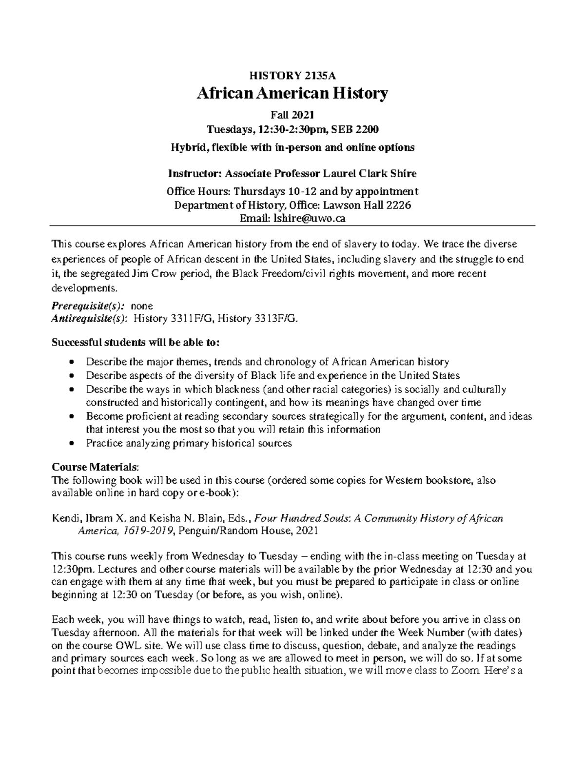 AA His 2135 Syllabus - HISTORY 2135A African American History Fall 2021 ...