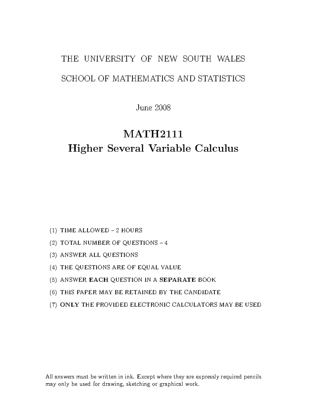 Math2111 2008 Exam The University Of New South Wales School Of Mathematics And Statistics June 