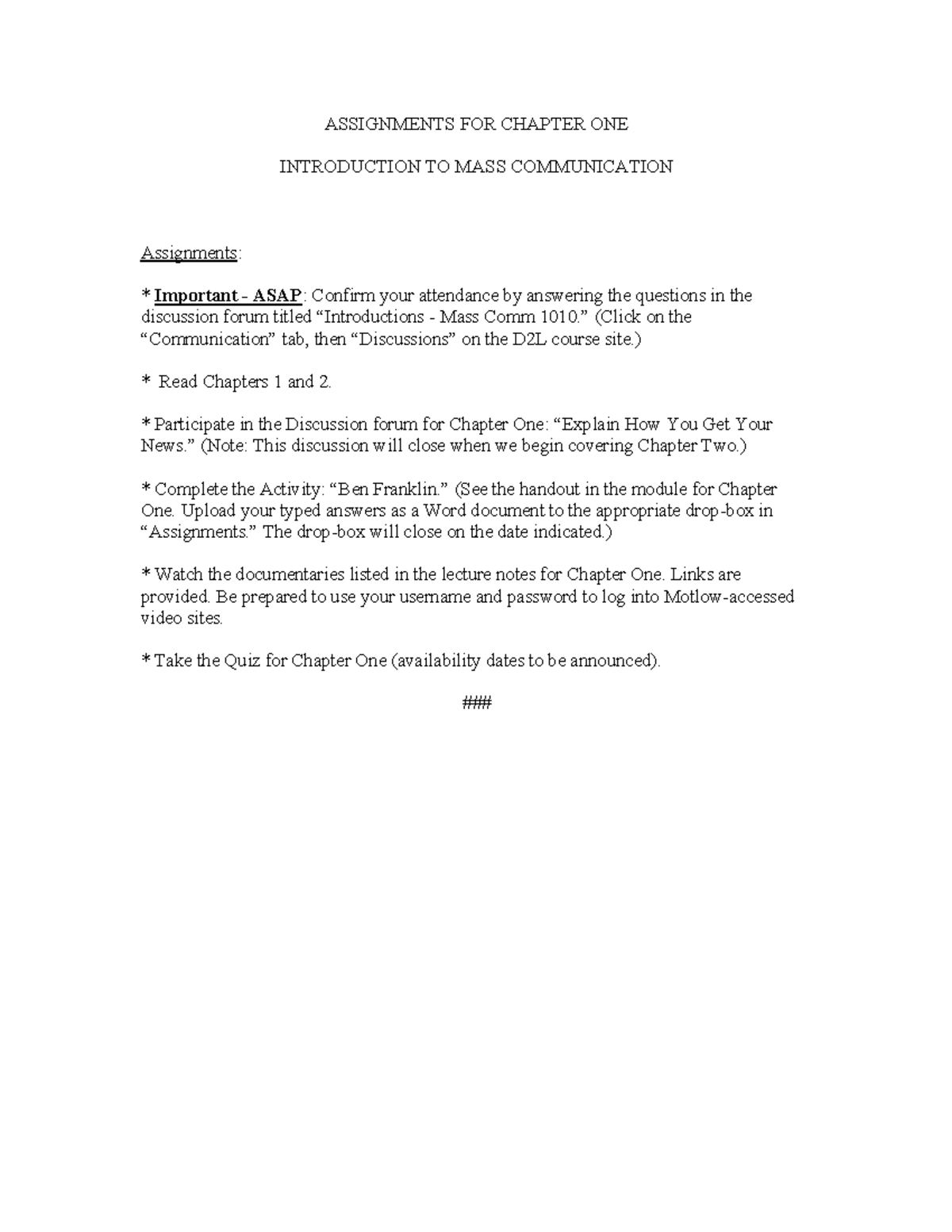 Assignment #1 (MC) - ASSIGNMENTS FOR CHAPTER ONE INTRODUCTION TO MASS ...