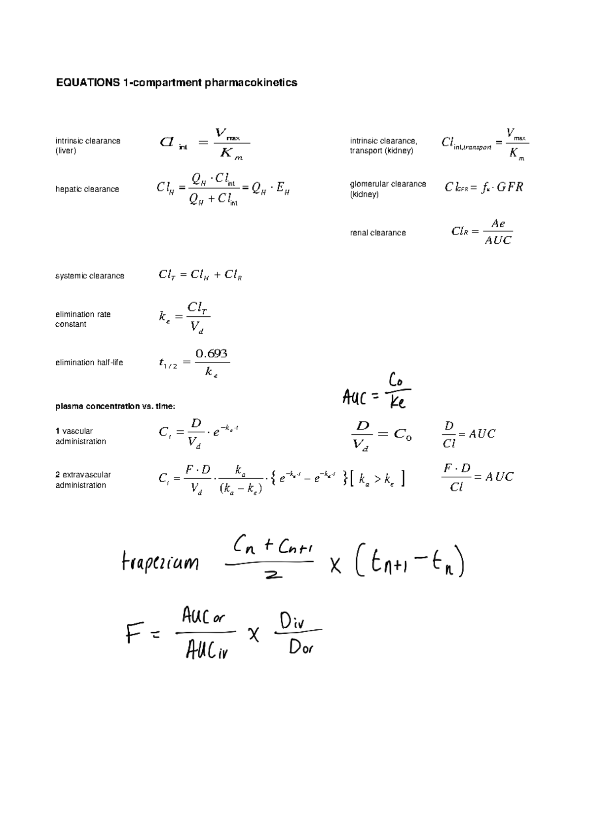 Formuleblad - EQUATIONS 1-compartment pharmacokinetics intrinsic ...