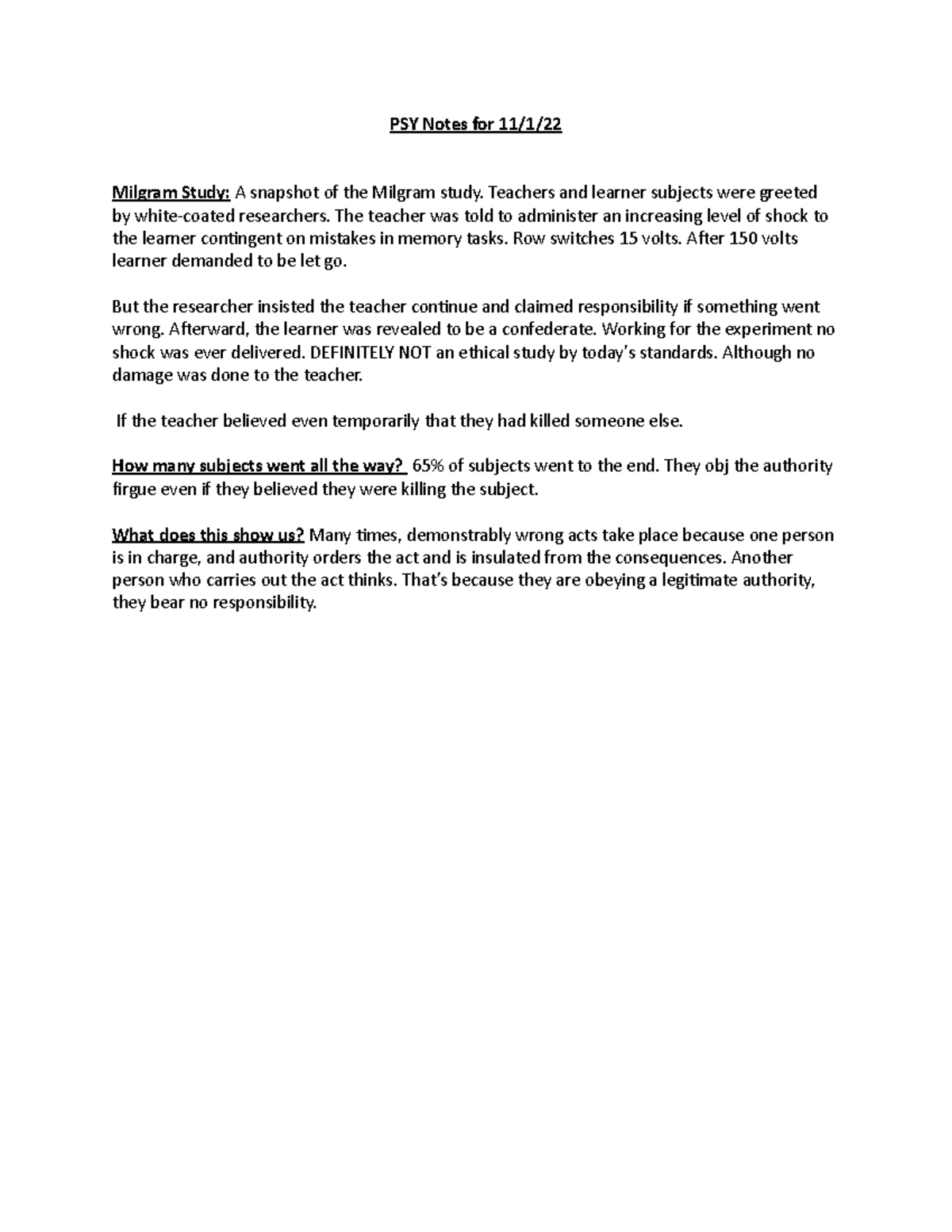 PSY Notes 11-1-22 - PSY Notes for 11/1/ Milgram Study: A snapshot of ...