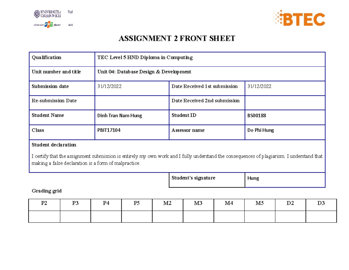 ASM2 Database Dinh-Tran-Nam-Hung - ASSIGNMENT 2 FRONT SHEET Qualification TEC Level 5 HND ...