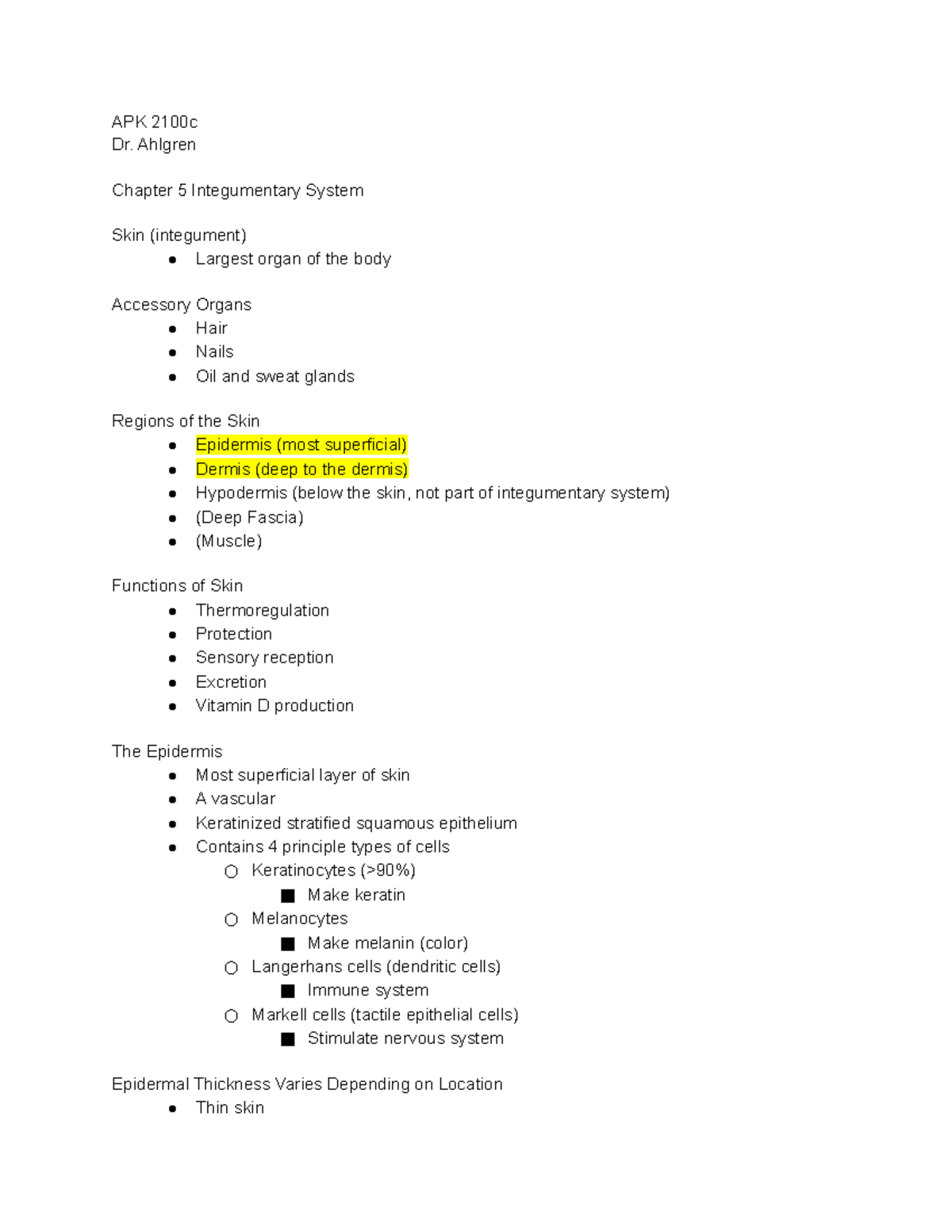 Anat Chapter 5 - APK 2100c Dr. Ahlgren Chapter 5 Integumentary System ...