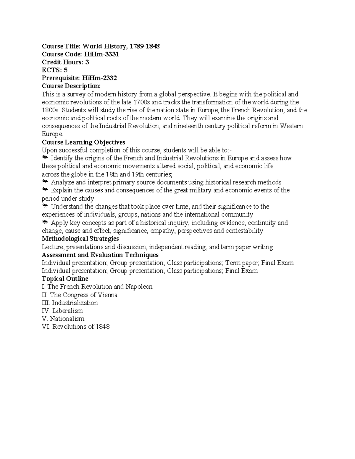 1789- 1848 table content - Course Title: World History, 1789- Course ...