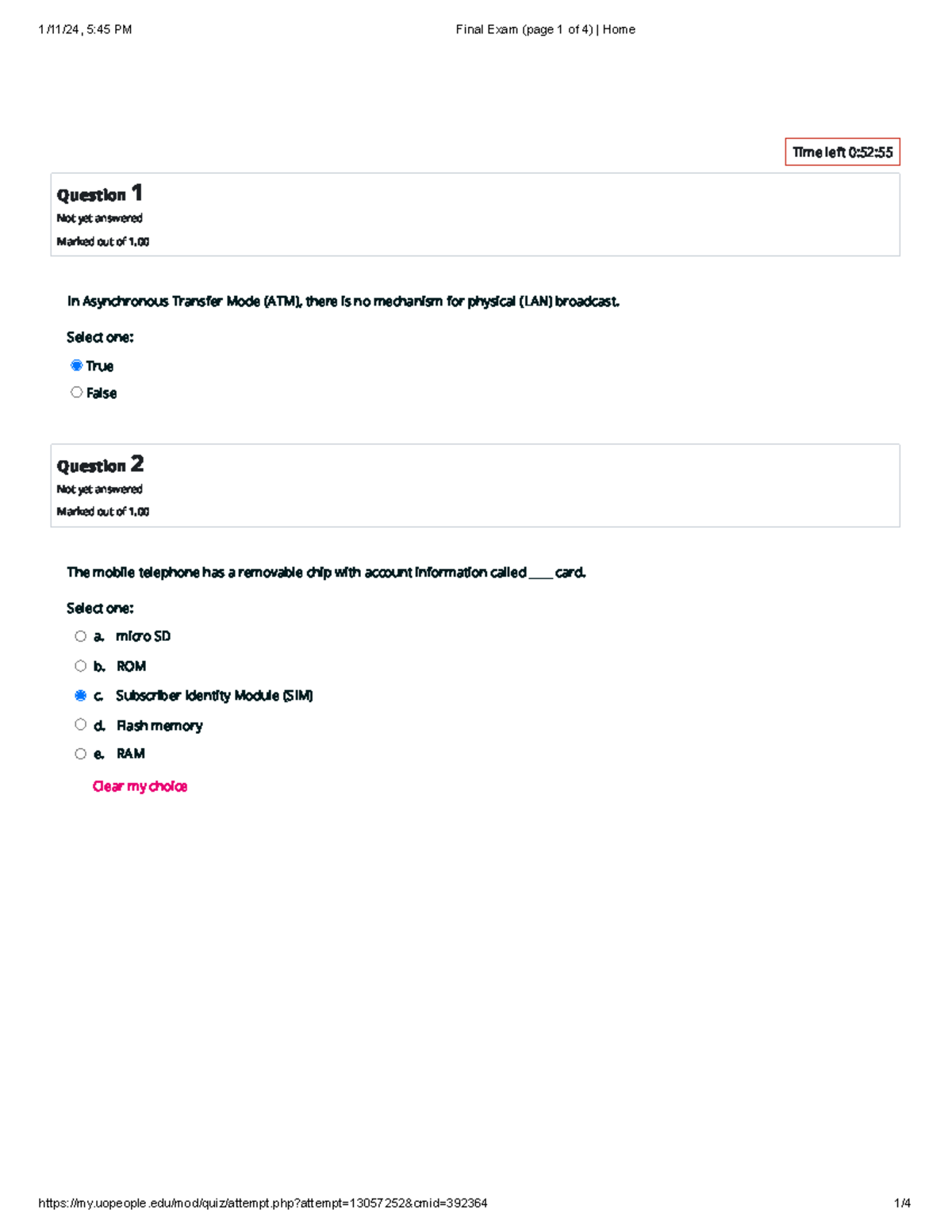 Final Exam (page 1 of 4) Home - Question 1 Not yet answered Marked out ...