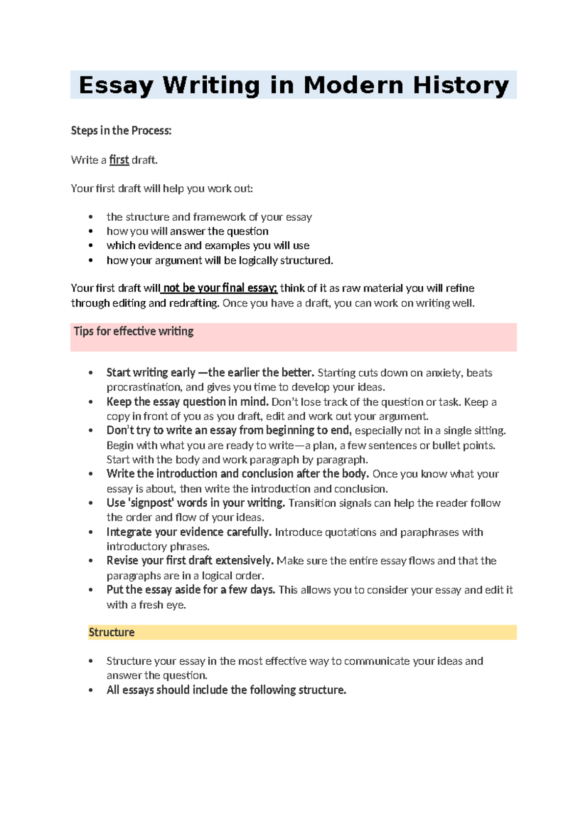 Essay structure for History (1) - Essay Writing in Modern History Steps ...