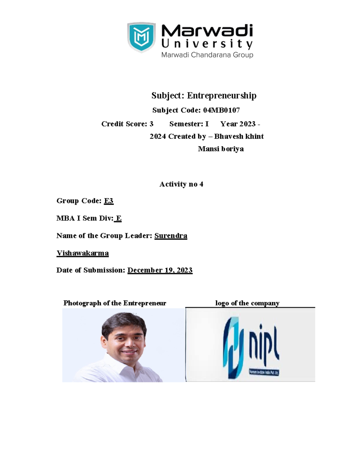 MEN E3 MBA I 2023 E - .......................... - Subject ...