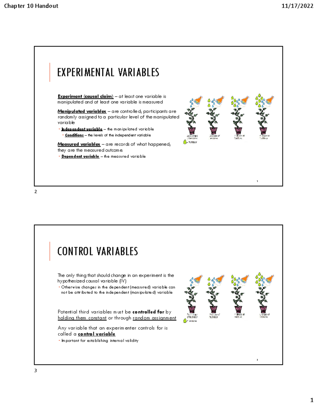 Chapter 10 Handout - EXPERIMENTAL VARIABLES Experiment (causal claim ...