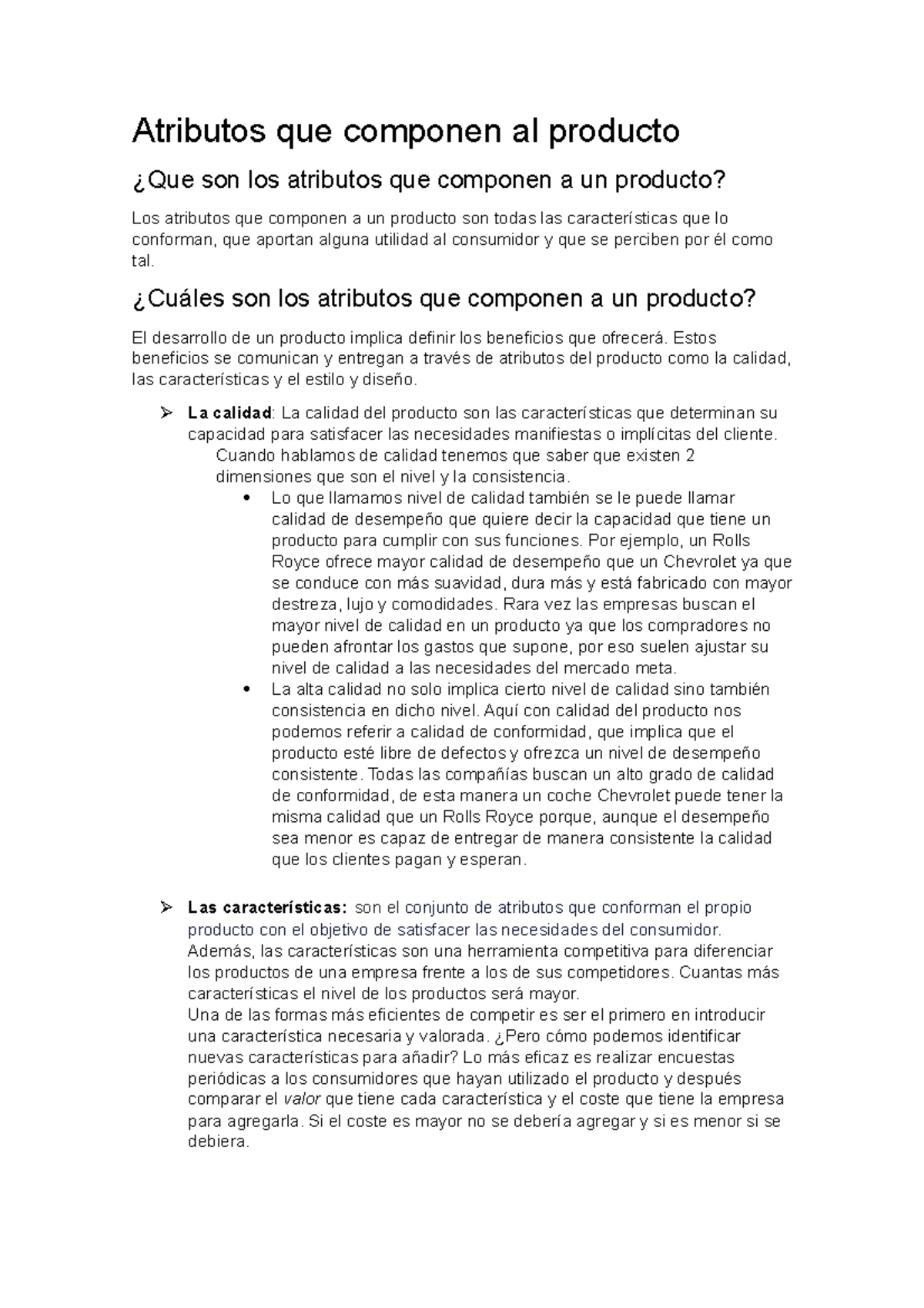 Direccion comercial 2 trabajo - Atributos que componen al producto ¿Que ...