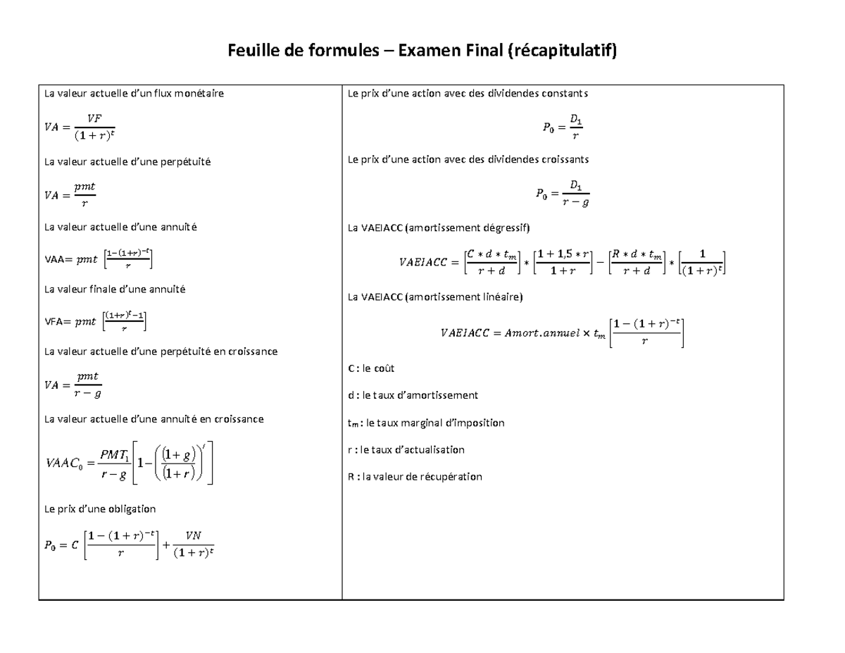 10200 - Feuille de formules - Final récapitulatif - - Studocu