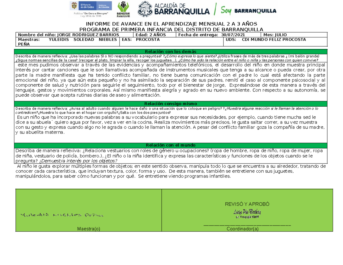 Informes DE Avances EN EL Aprendizaje Jorge Rodriguez Julio - INFORME DE AVANCE EN EL ...