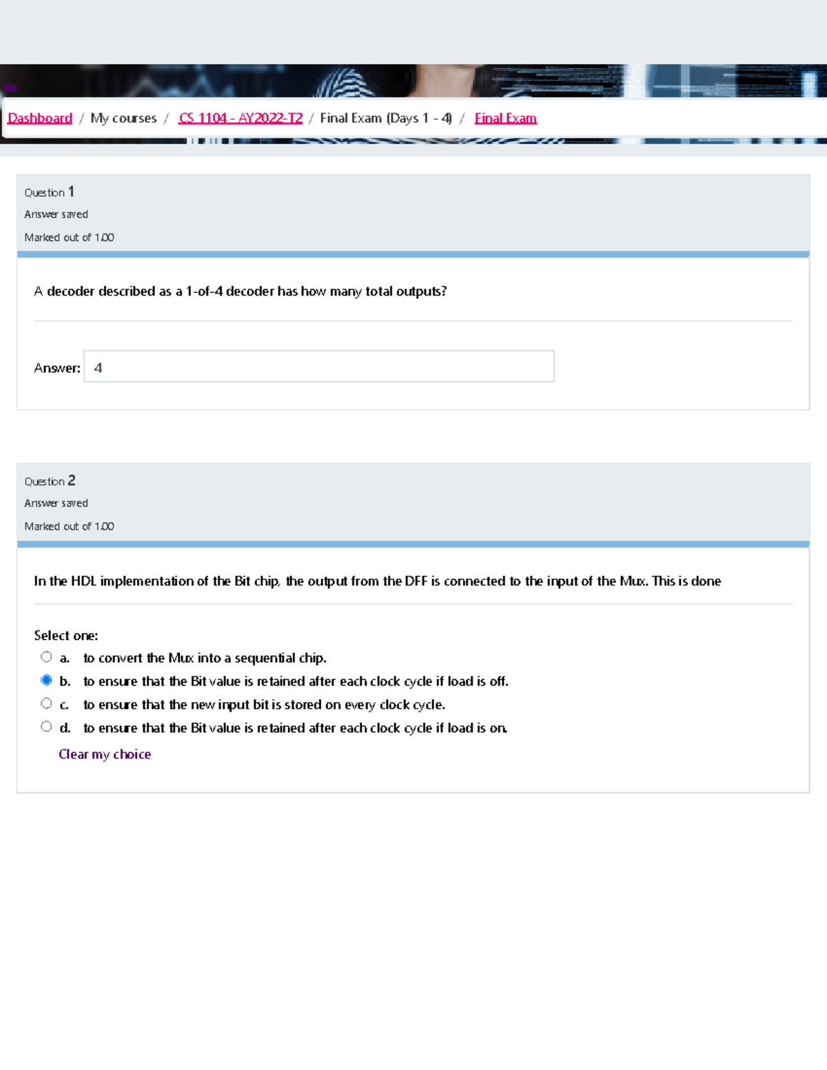 Final Exam (page 1 of 2) - Question 1 Answer saved Marked out of 1 ...