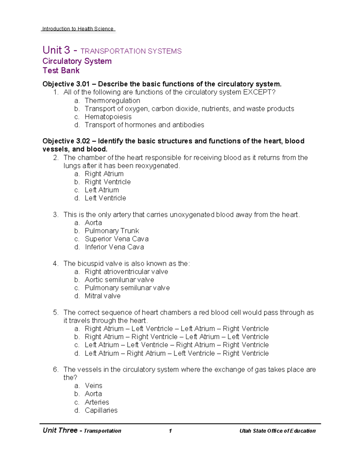 Cardiovascular test - cardio - Unit 3 - TRANSPORTATION SYSTEMS ...