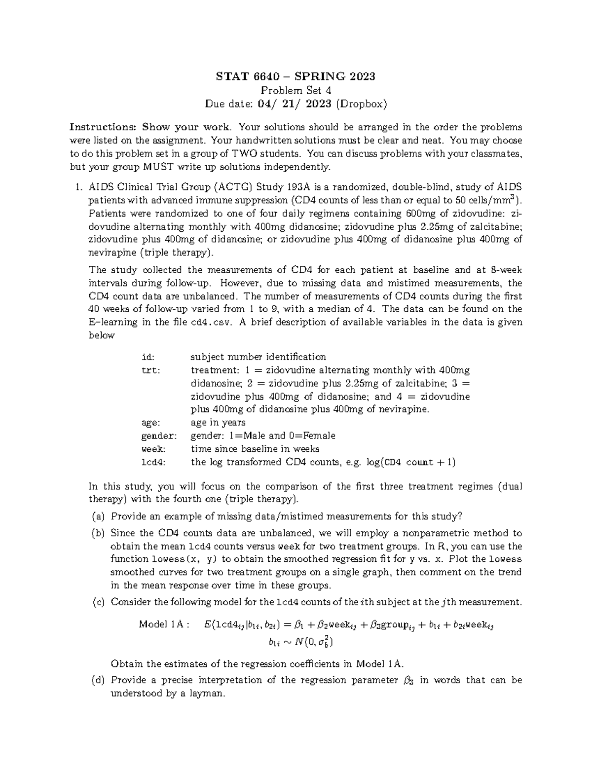 Stats 6640 HW4 - NothingNothing - STAT 6640 – SPRING 2023 Problem Set 4 Due date: 04/ 21/ 2023 ...