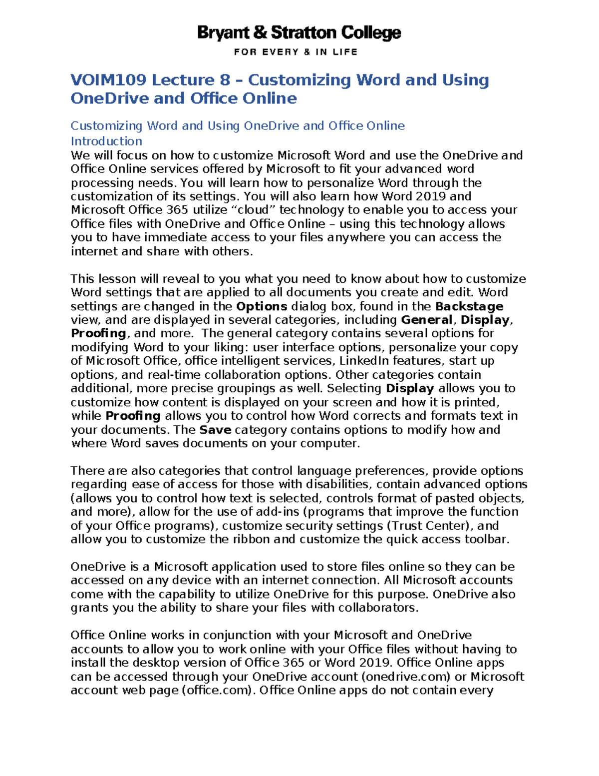 VOIM109 - Lecture 8 - Customizing Word and Using One Drive and Office Online - VOIM109 Lecture 8 ...