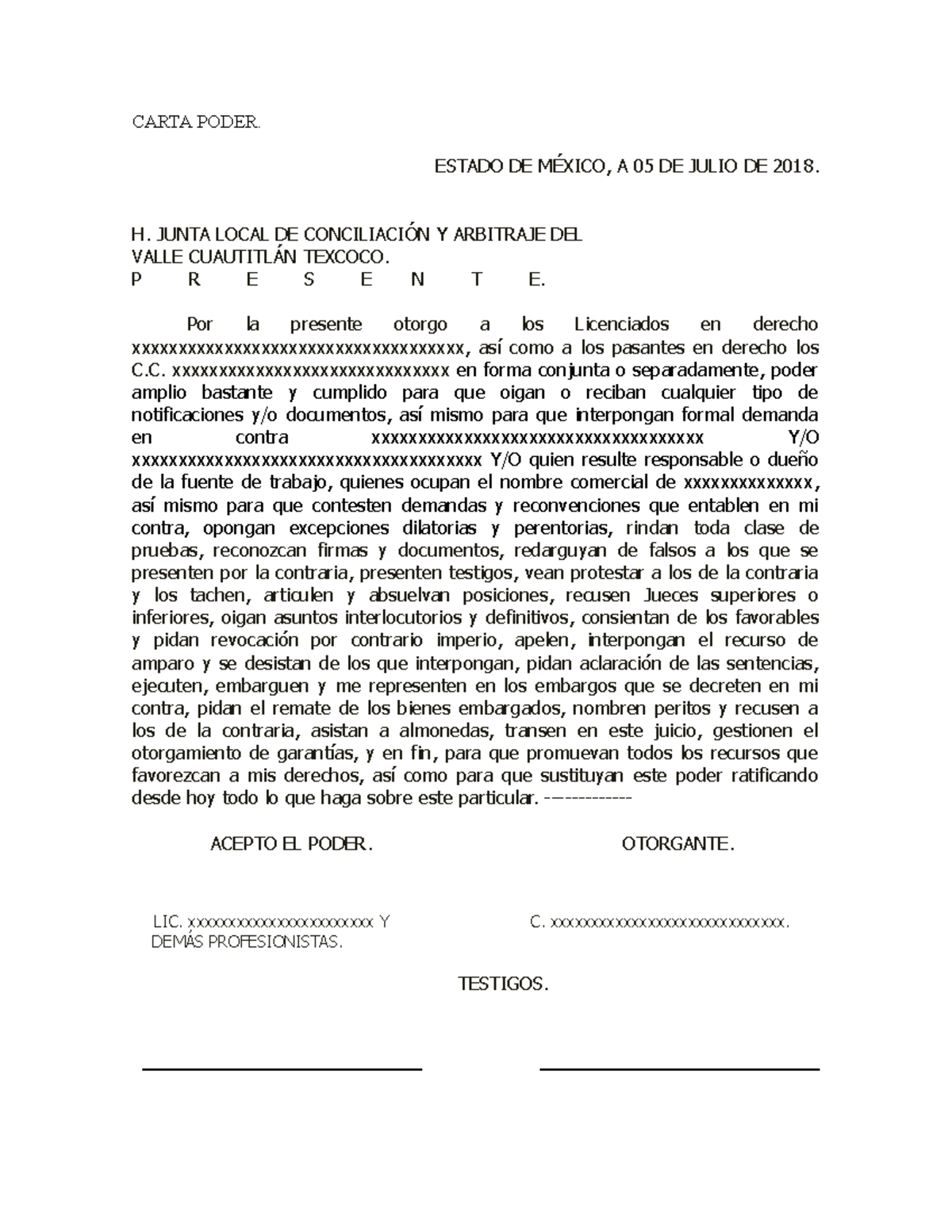 Carta Poder - CARTA PODER. ESTADO DE MÉXICO, A 05 DE JULIO DE 2018. H ...
