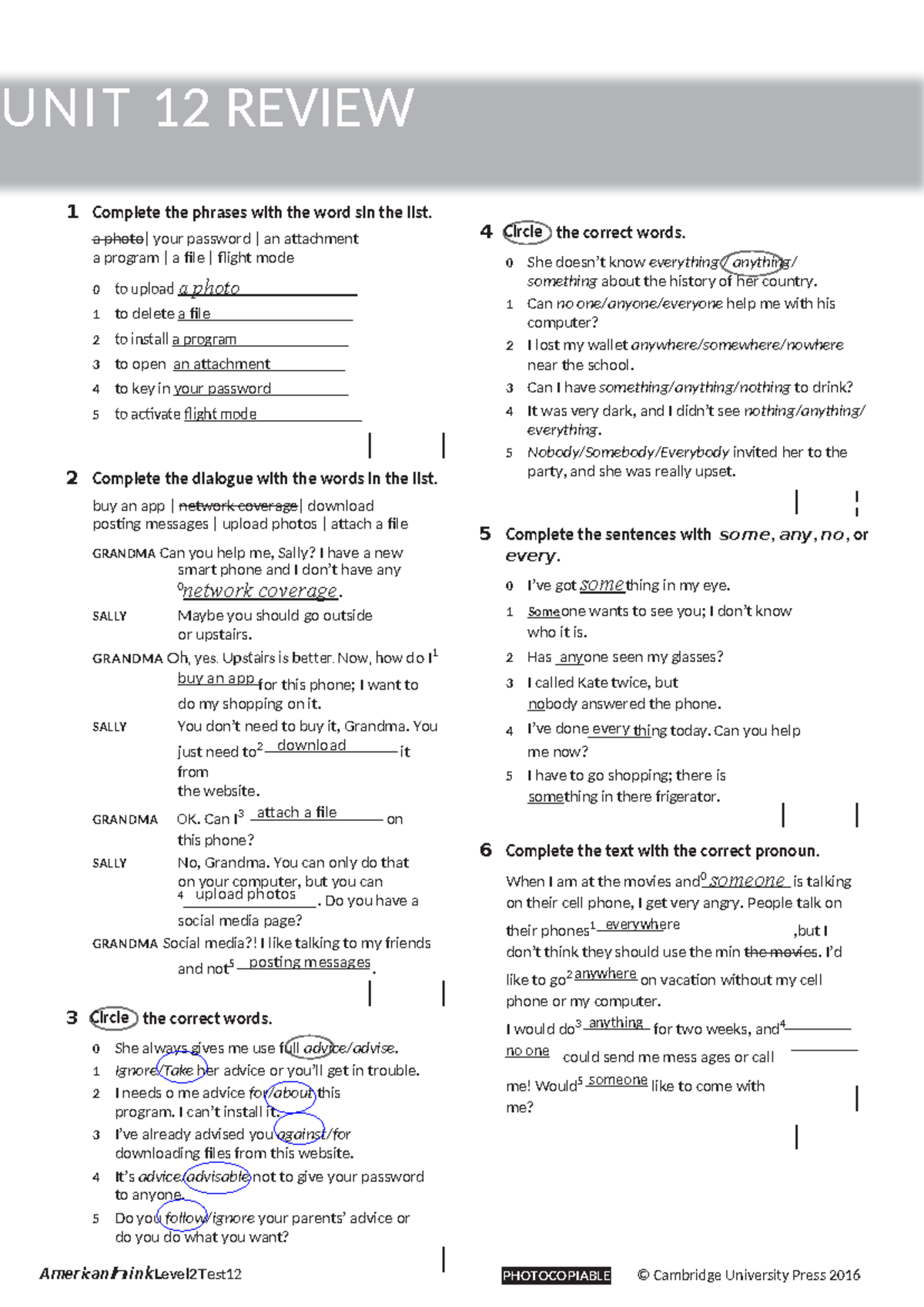 UNIT 12 Review (answeread) - A mer ic a nh i n k Le v e l 2 Tes t 12 ...