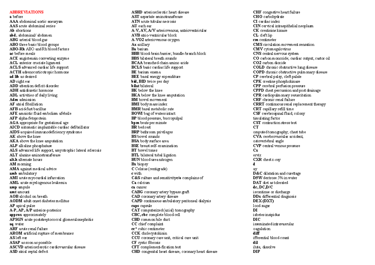 Abbre - ABBREVIATIONS a before AAA abdominal aortic aneurysm AAS acute ...
