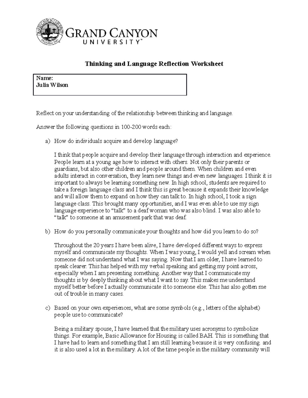 Thinking and Language Reflection Worksheet - Thinking and Language ...