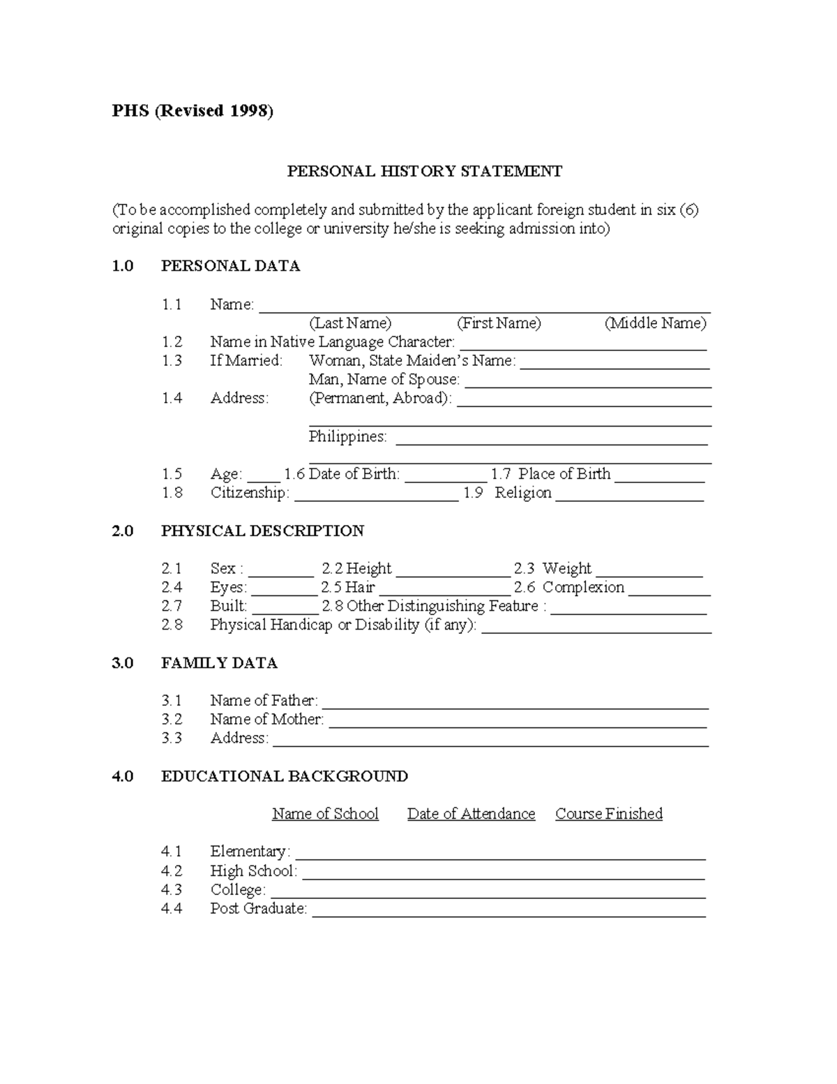 Personal History Statement - PHS (Revised 1998) PERSONAL HISTORY ...