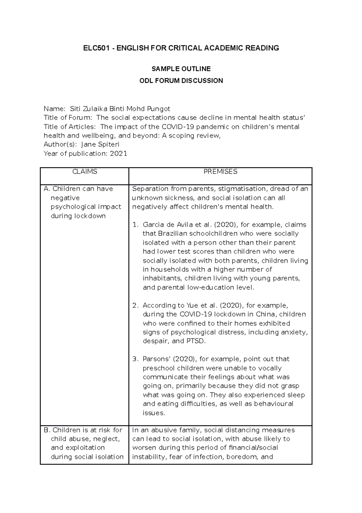 Outline forum elc501 - ELC501 - ENGLISH FOR CRITICAL ACADEMIC READING ...