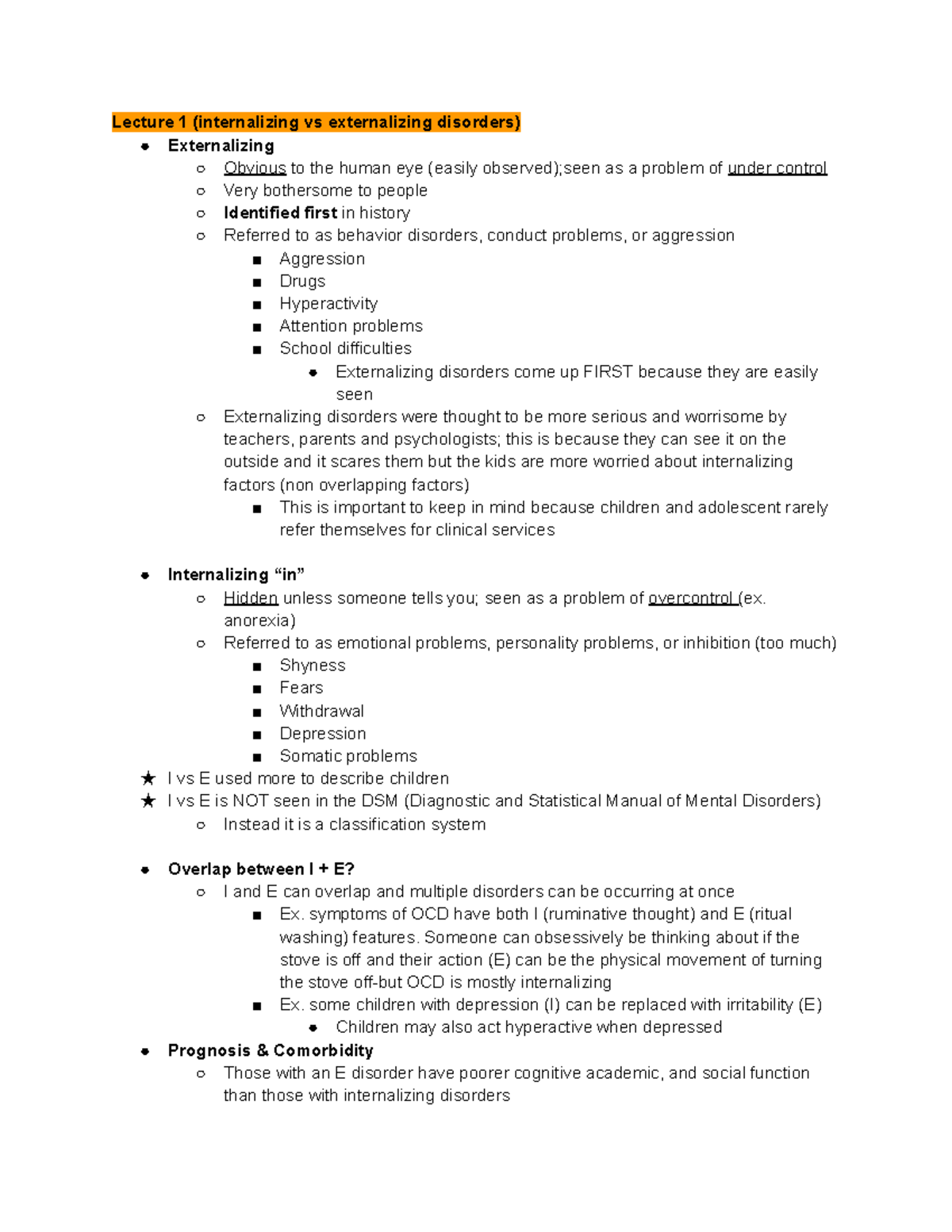 Abnormal Psych Exam 1 (lecture) - Lecture 1 (internalizing vs ...