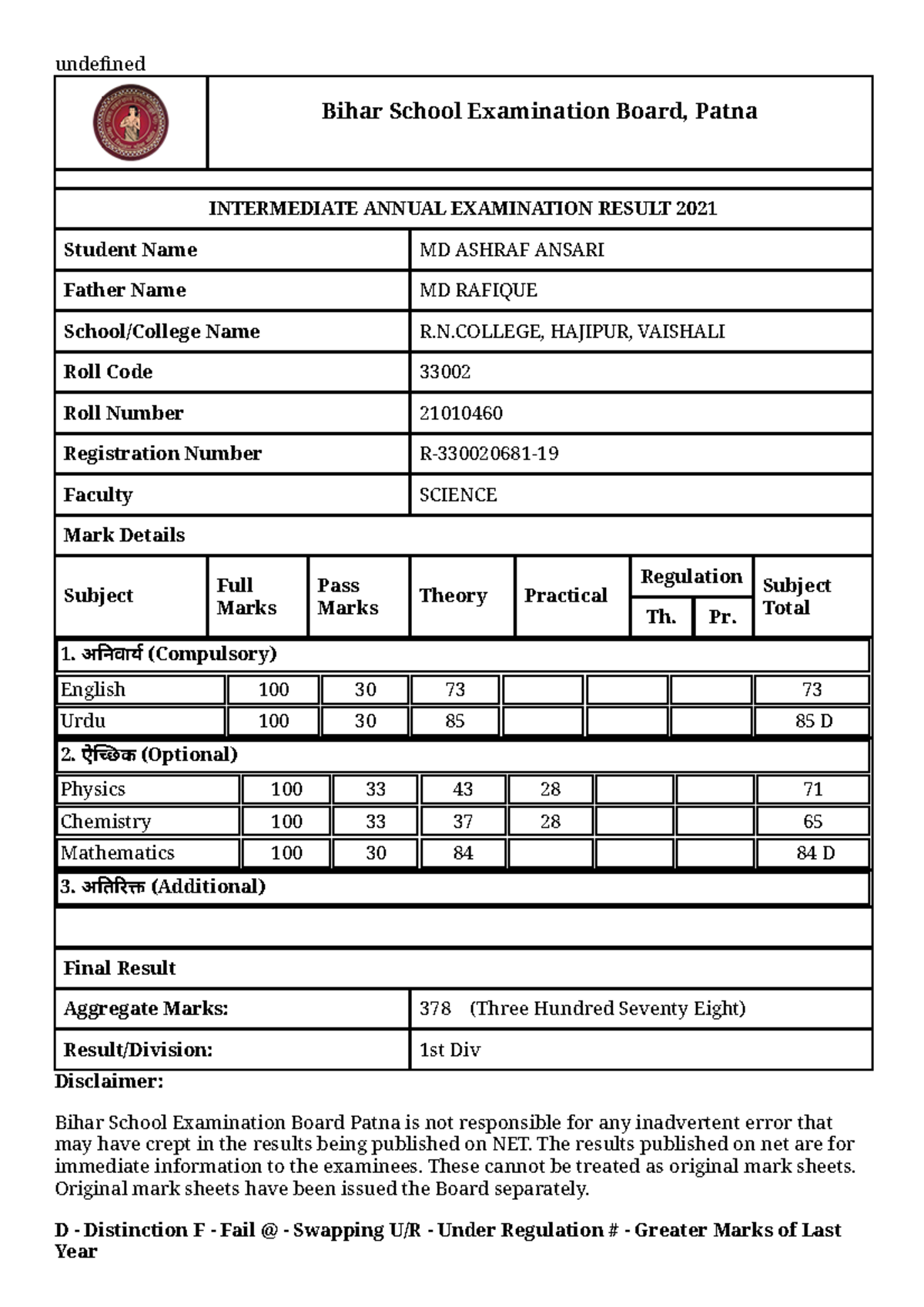 Bhaii - undefined Bihar School Examination Board, Patna INTERMEDIATE ...