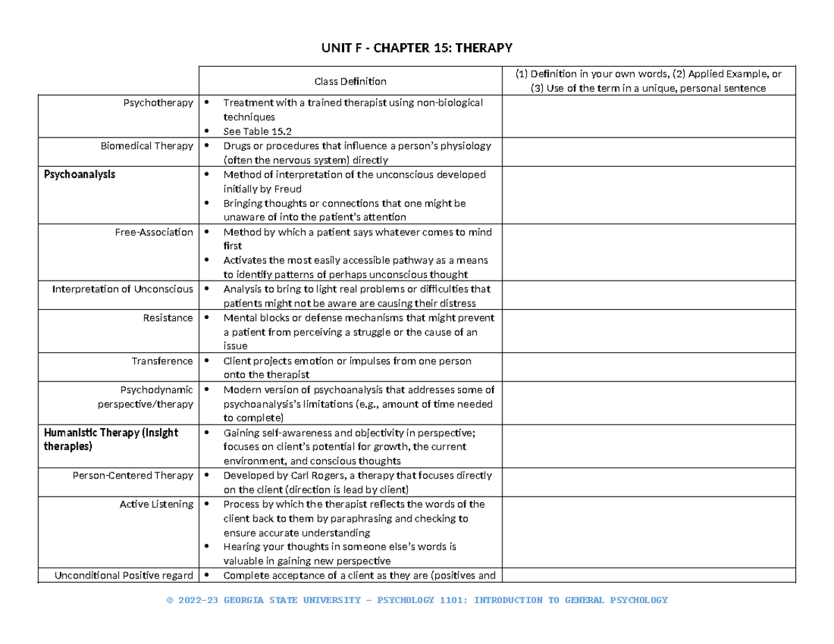 Ch 15 Study Guide - Therapy - UNIT F - CHAPTER 15: THERAPY Class Definition (1) Definition in ...