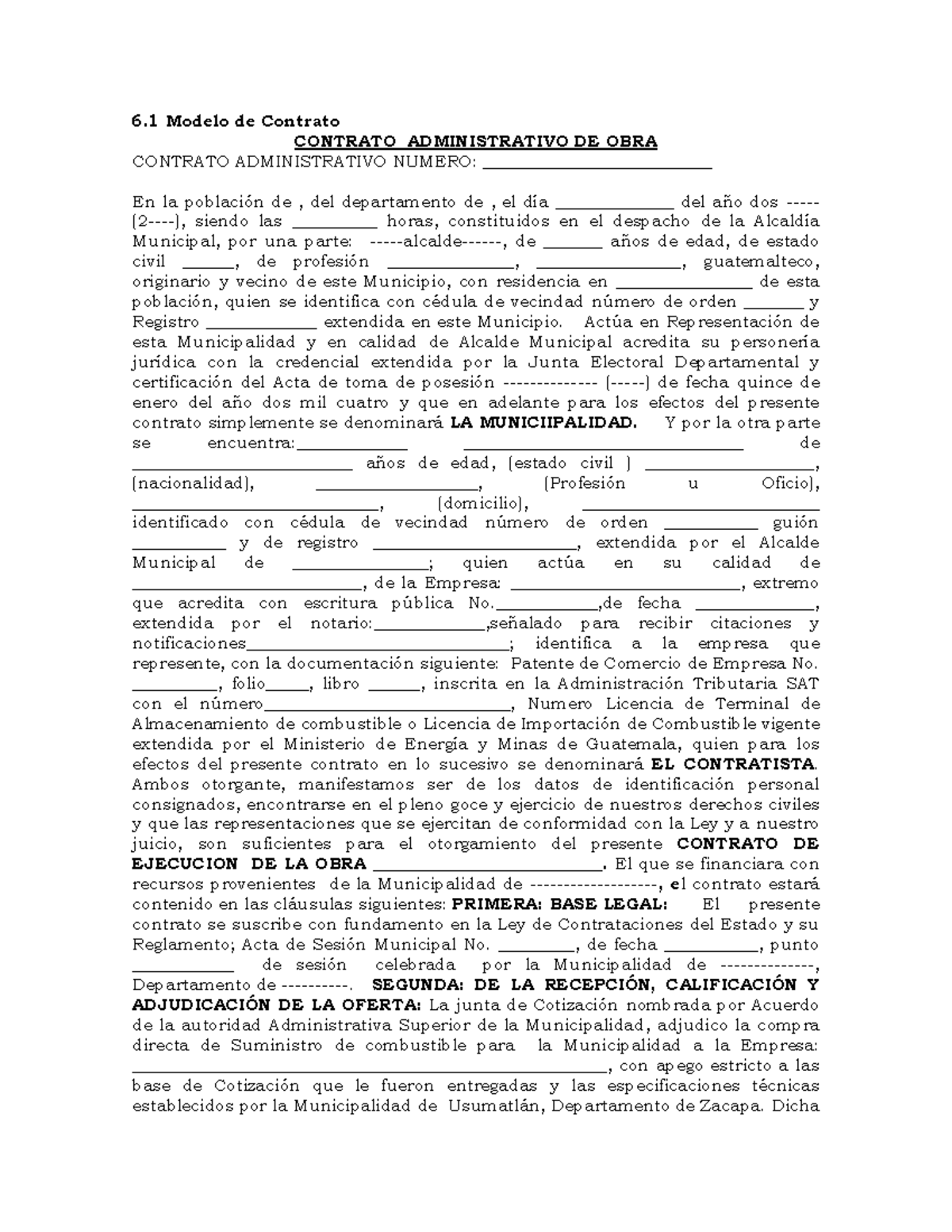 Ejemplo DE Contrato Administrativo - 6 Modelo de Contrato CONTRATO ADMINISTRATIVO DE OBRA ...