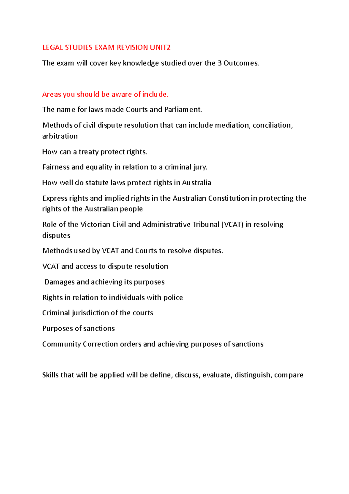 Legal Studies EXAM Revision UNIT 2 - Studocu