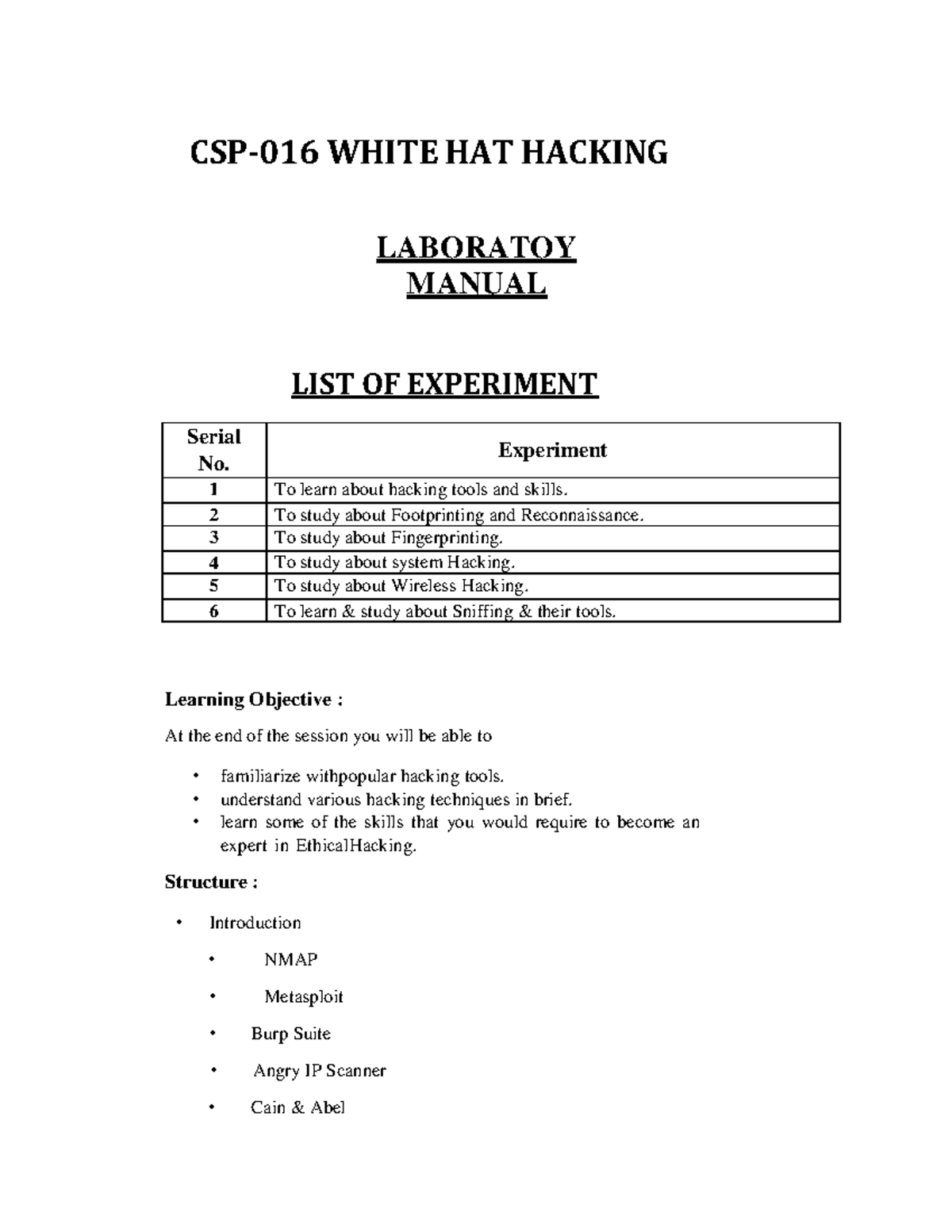 Cyber Security Practical File Csp 016 White Hat Hacking Laboratoy Manual List Of Experiment