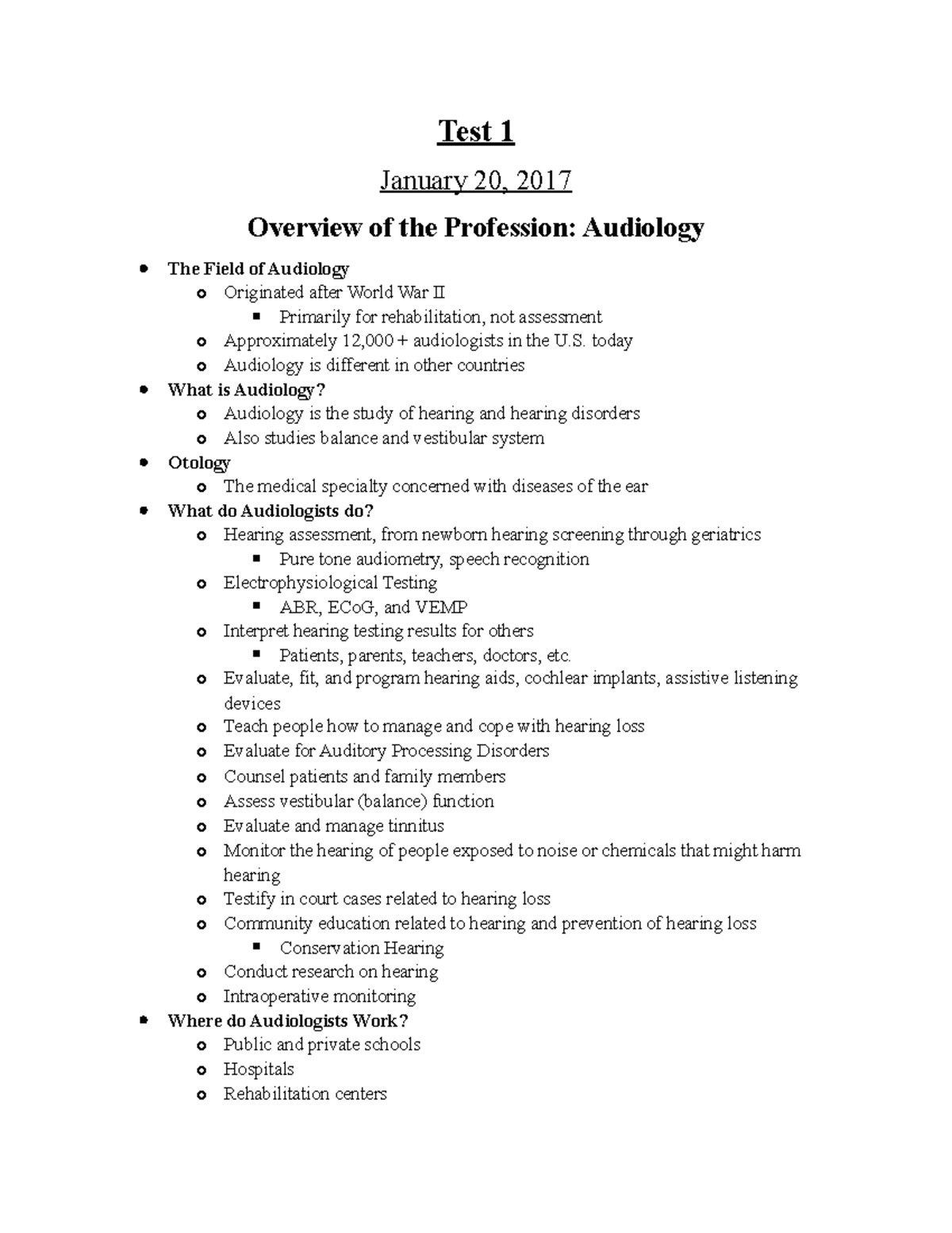 Notes for Test 1 - Overview of the Profession: Audiology; Review ...
