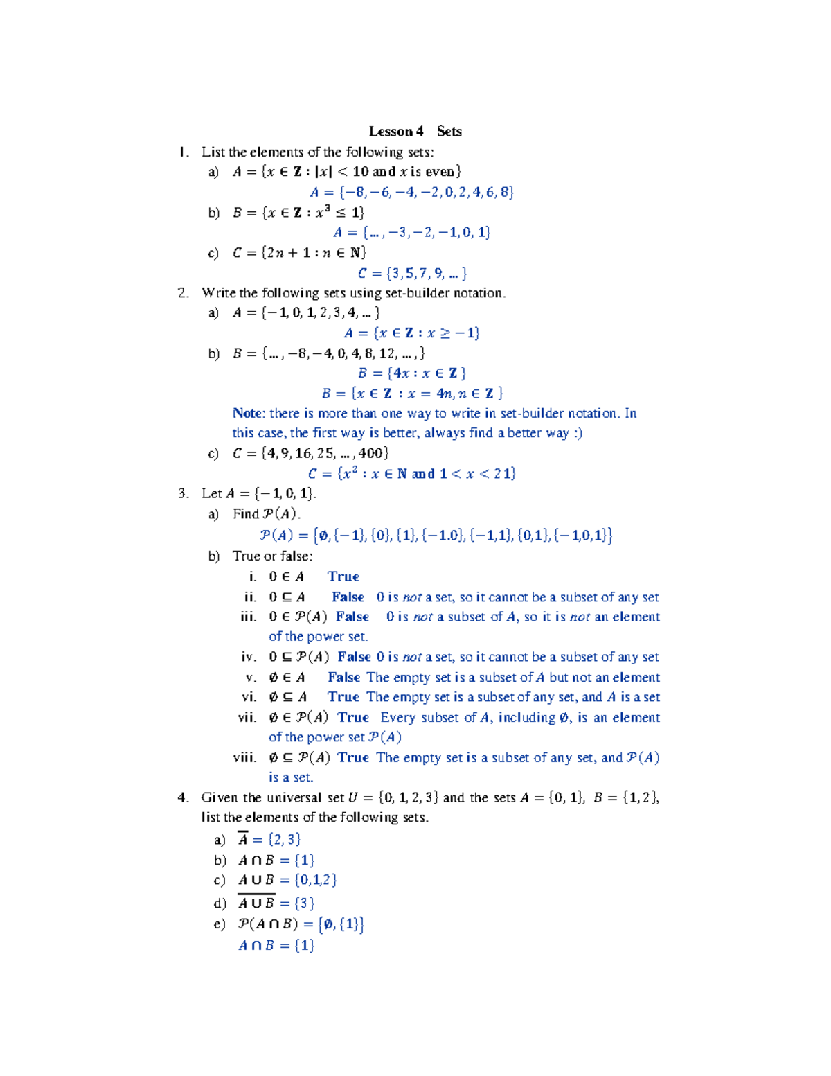 Solutions of Lesson 4 Exercises-3-1 - Lesson 4 Sets List the elements ...
