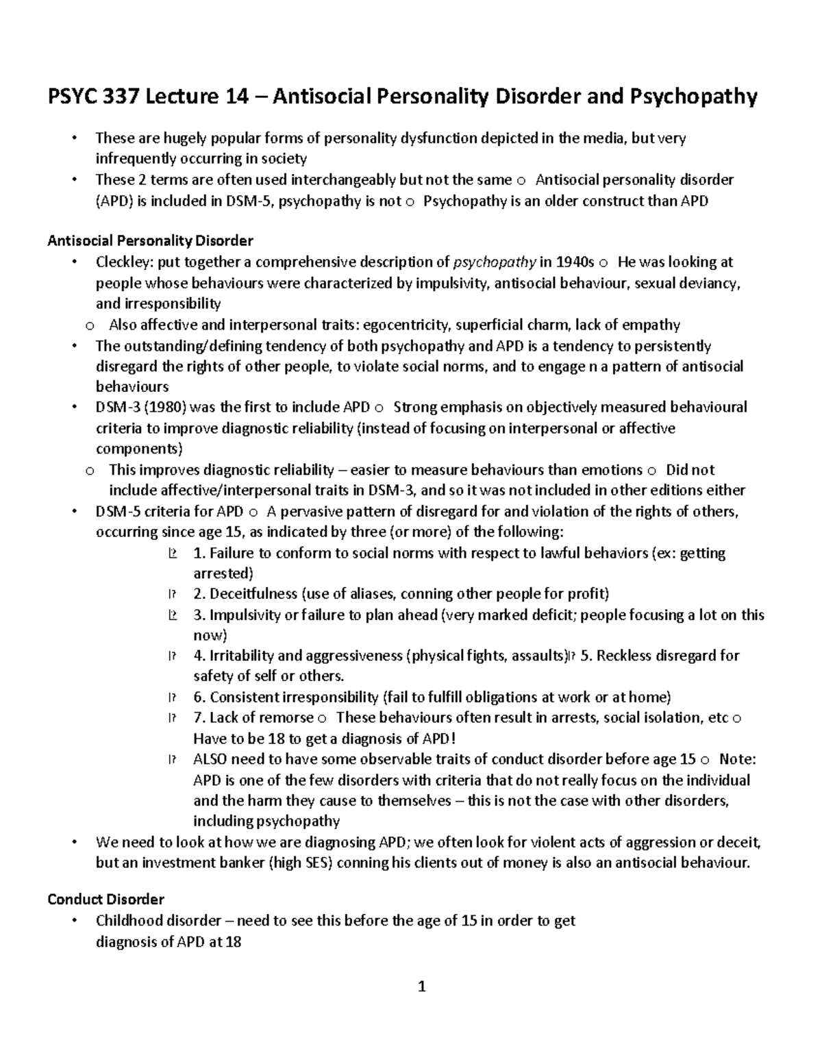 PSYC 337 Lecture 14 – Antisocial Personality Disorder and Psychopathy ...