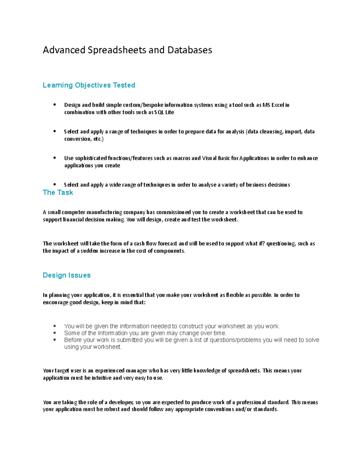 Advanced Spreadsheets and Databases assignment - Advanced Spreadsheets ...