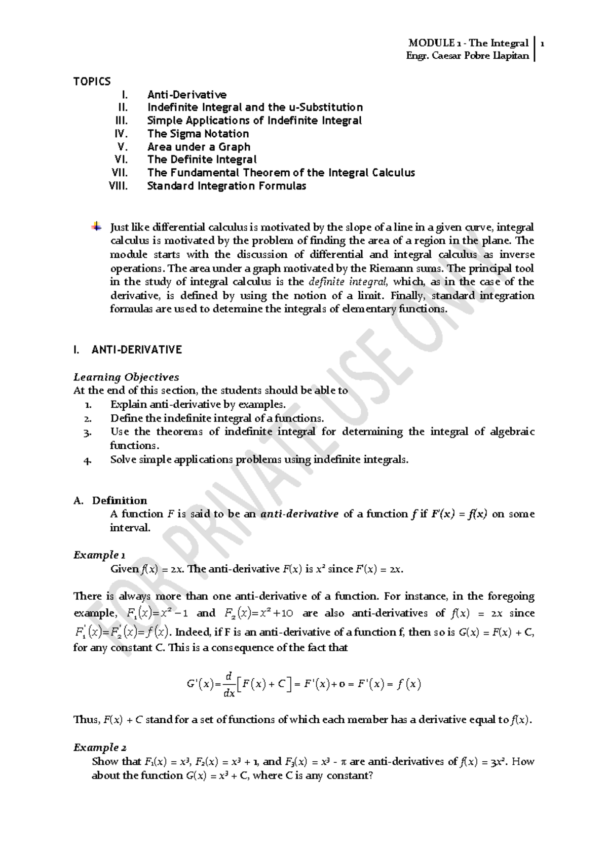 Module 1 The Integral Calculus 2022 - Engr. Caesar Pobre Llapitan TOPICS I. Anti-Derivative II ...