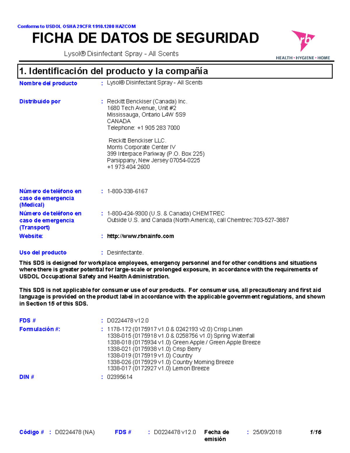 9 HDS- Lysol - hoja de datps - Lysol® Disinfectant Spray - All Scents Desinfectante. FICHA DE ...
