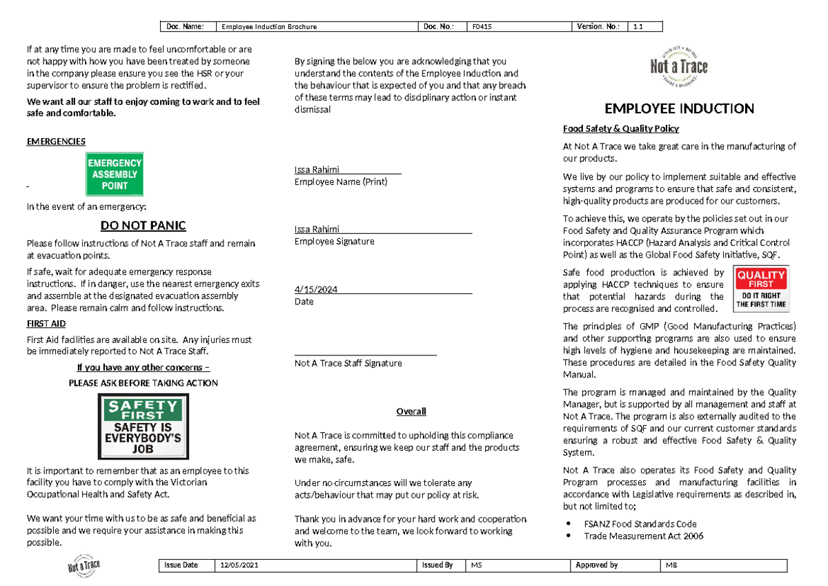 F0415 - Employee Induction Brochure - Doc. Name: Employee Induction ...