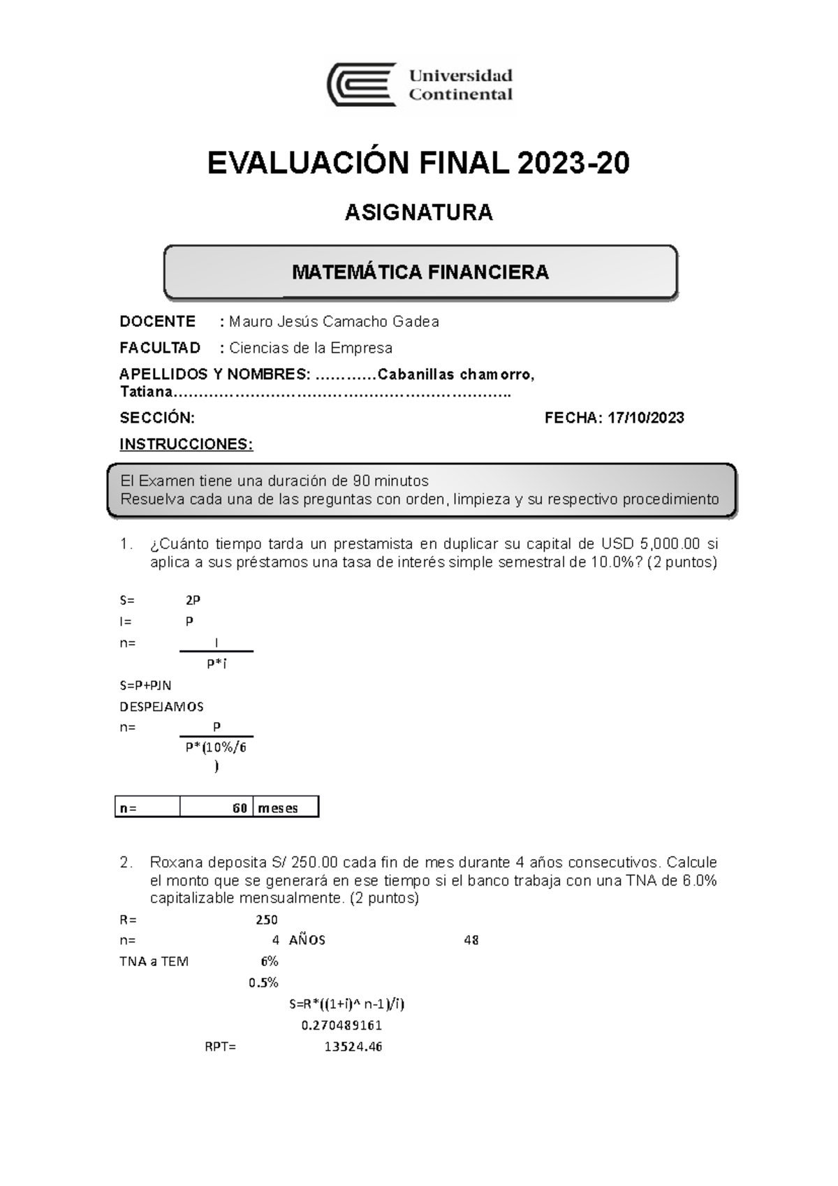 Examen final MF 2023-20tatiana - EVALUACIÓN FINAL 2023- ASIGNATURA DOCENTE : Mauro Jesús Camacho ...