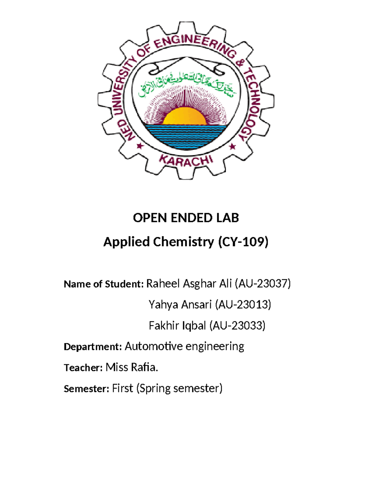 OPEN Ended LAB - jkkl - OPEN ENDED LAB Applied Chemistry (CY-109) Name of Student: Raheel Asghar ...