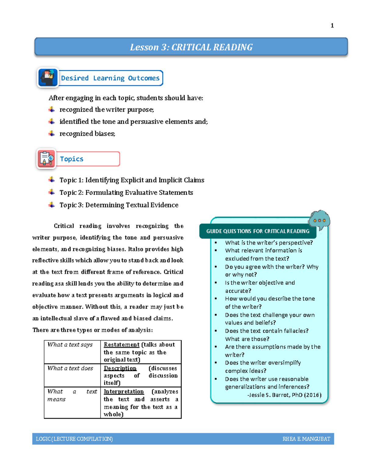 Lesson: Critical Reading - Explicit & Implicit Claims - Determining ...