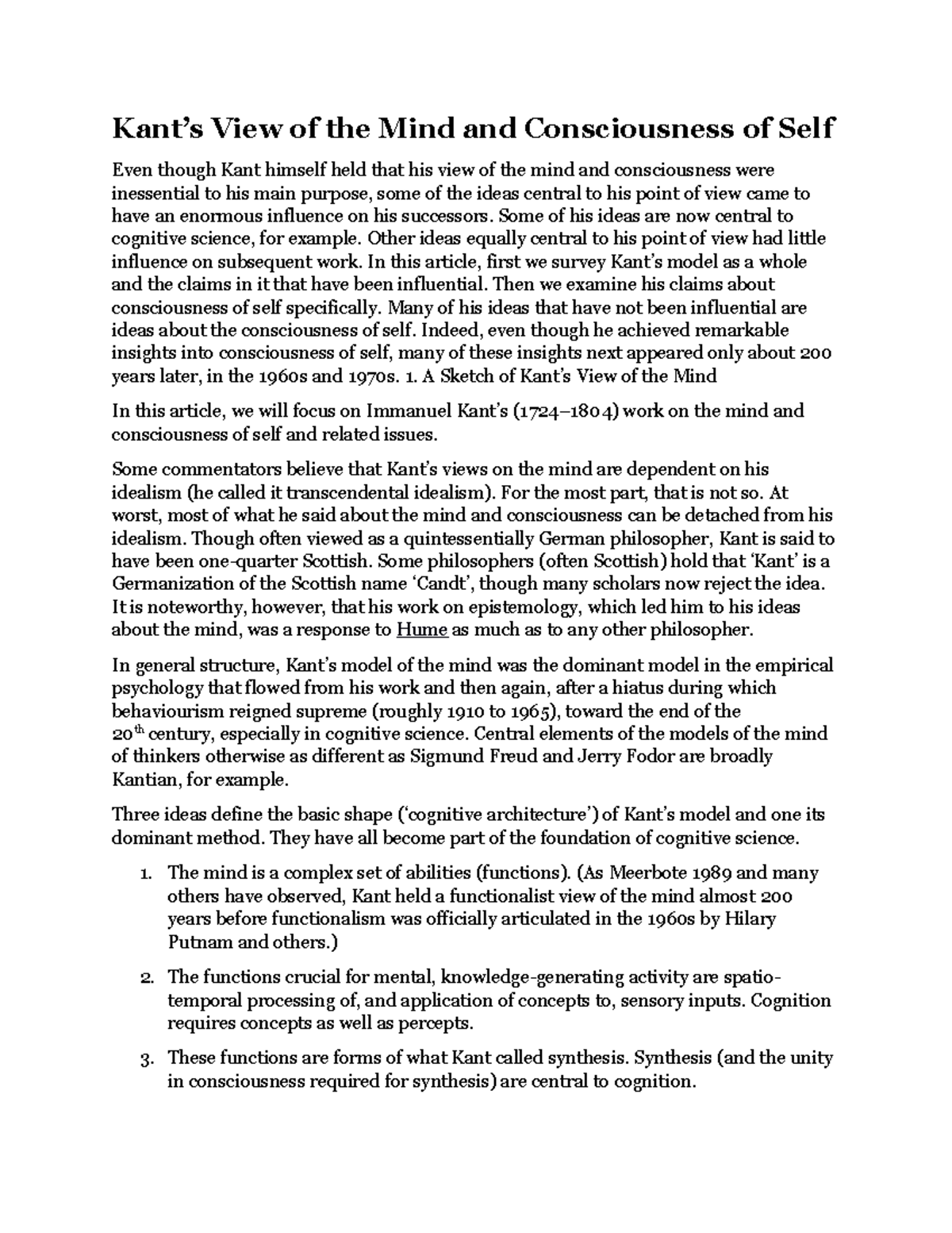 Lecture in Kant’s View of the Mind and Consciousness of Self - Kant’s ...