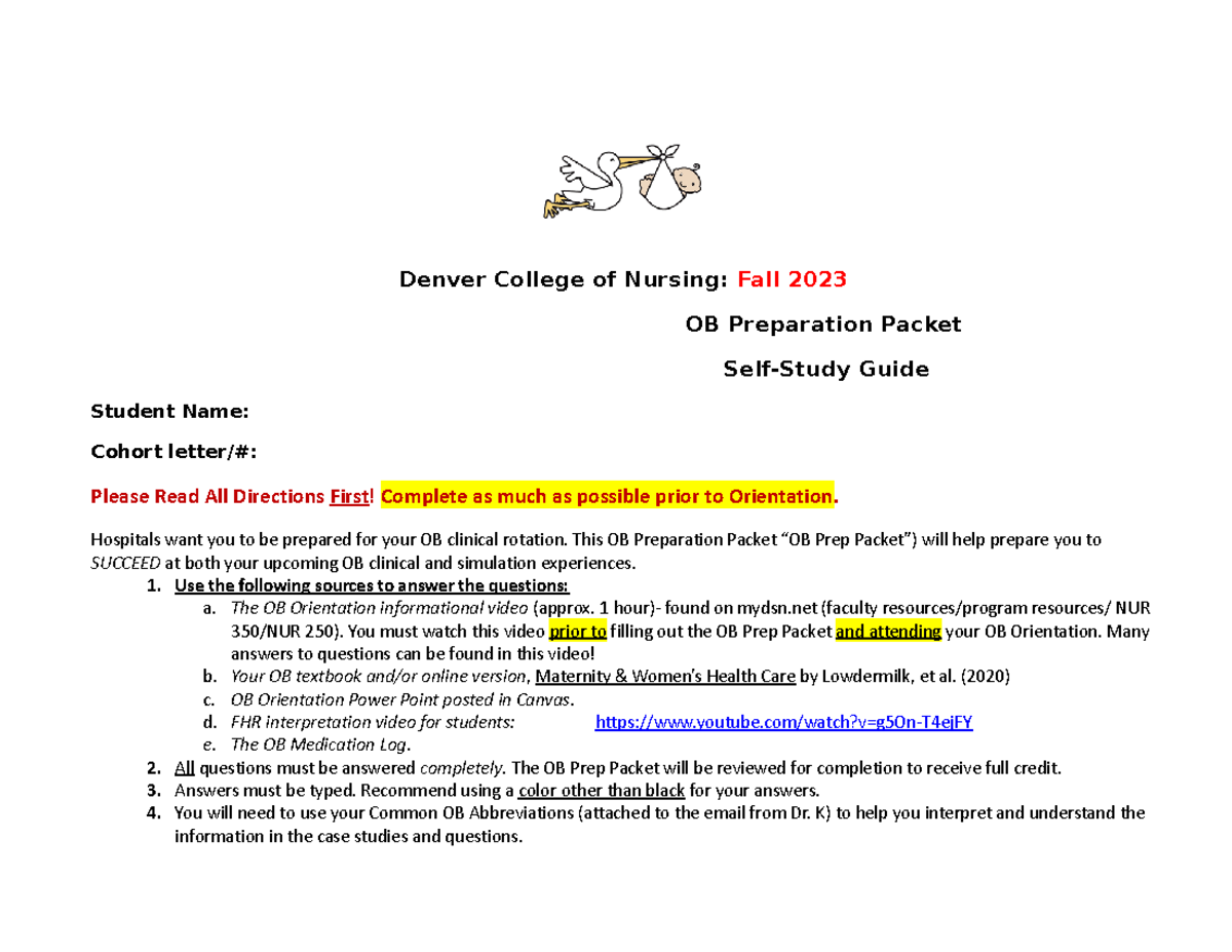 OB Preparation Packet Fall 2023-1+ - Denver College of Nursing: Fall ...