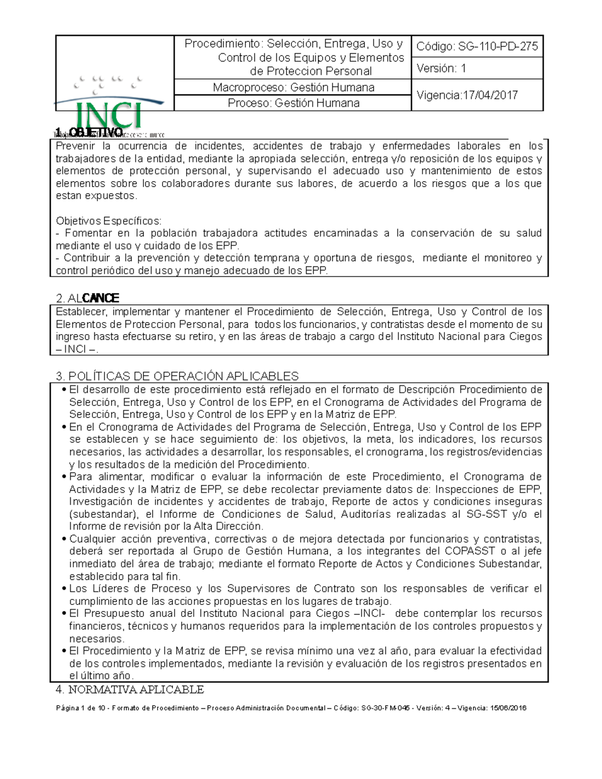 Procedimiento DE Selección Entrega USO Y Control DE Elementos DE Protección Personal - Control ...