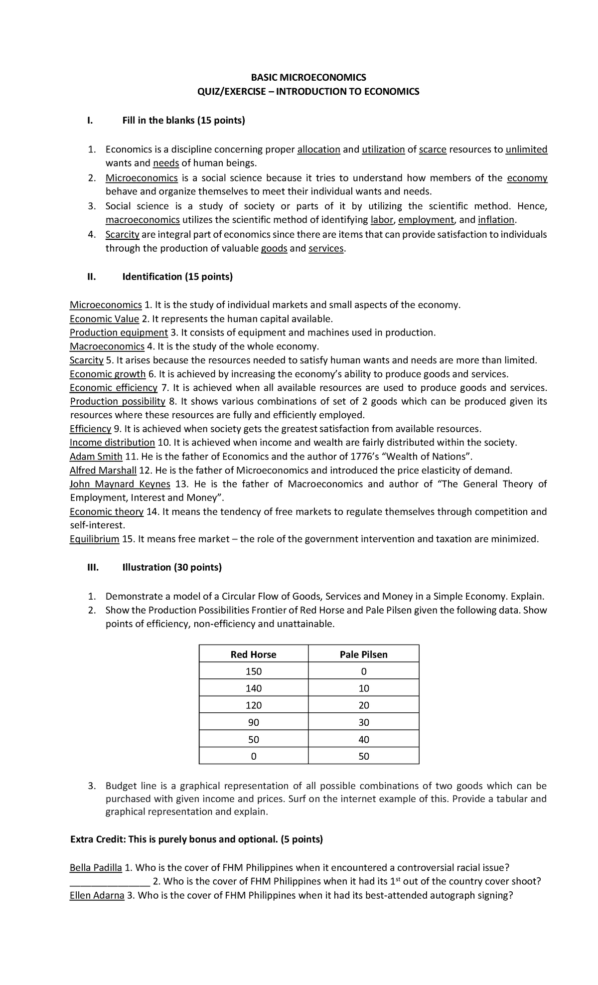 Quiz Exercise 1 Basic Micro - BASIC MICROECONOMICS QUIZ/EXERCISE ...