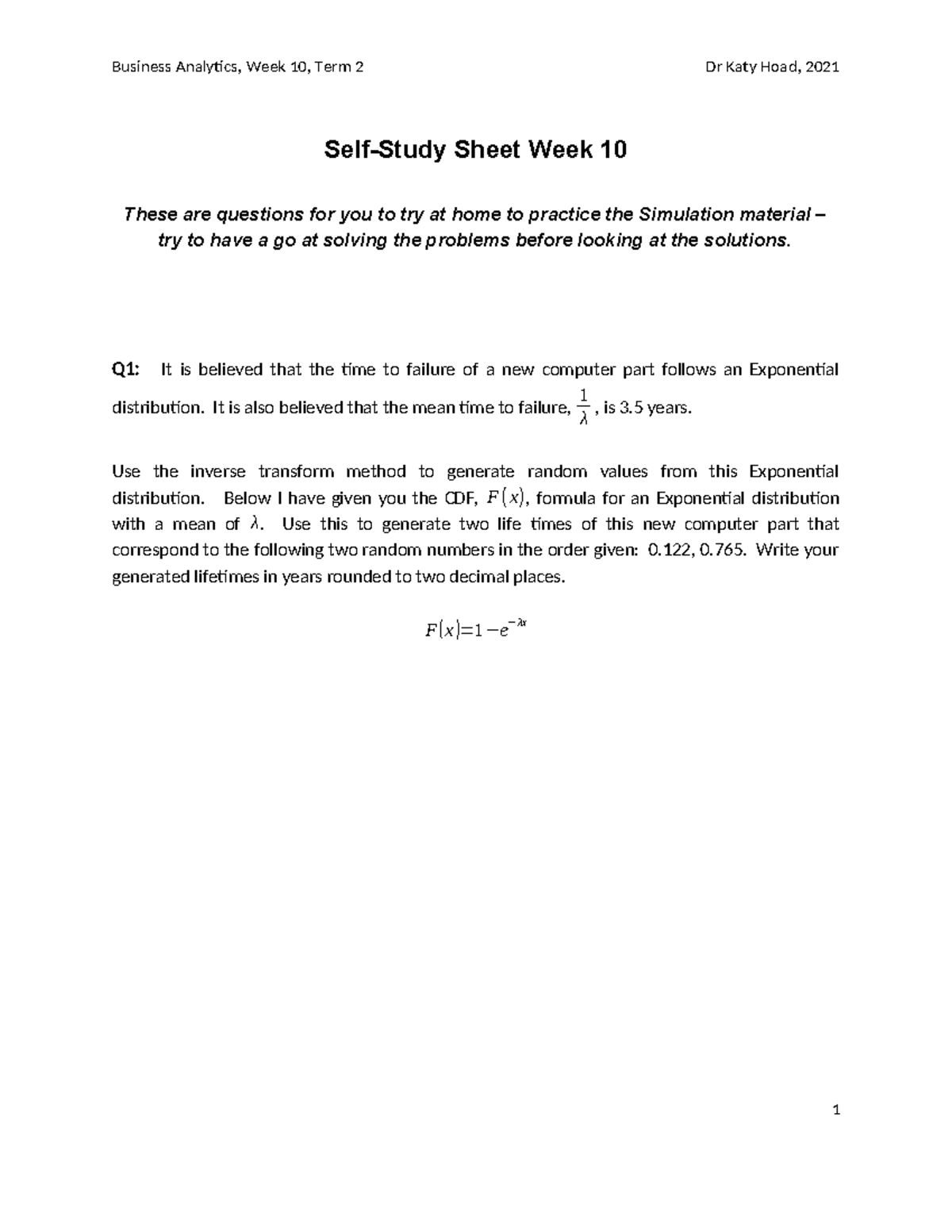 Self Study Sheet Simulation 2022 - Self-Study Sheet Week 10 These are ...