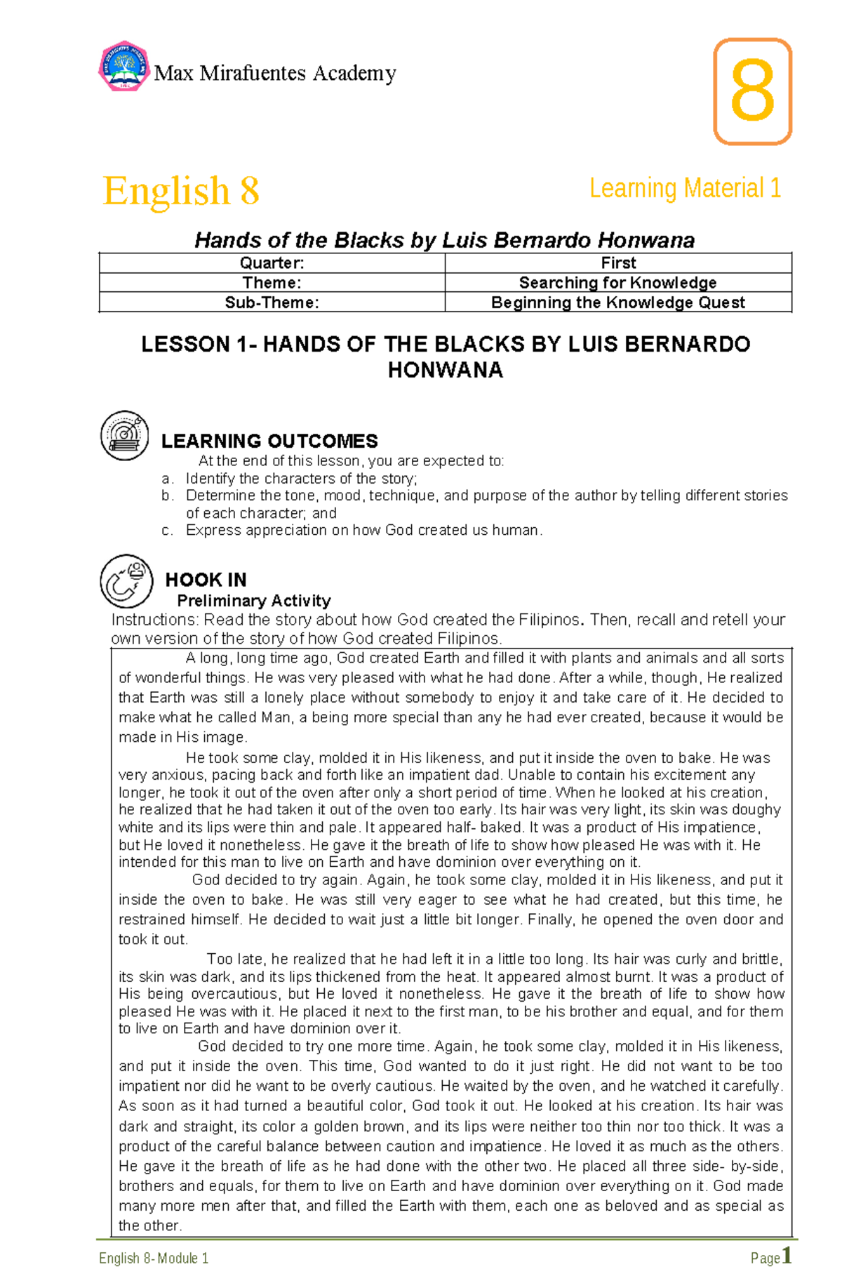 Q1 English 8 Module This Is An English Module For Grade 8 Max Mirafuentes Academy Hands Of