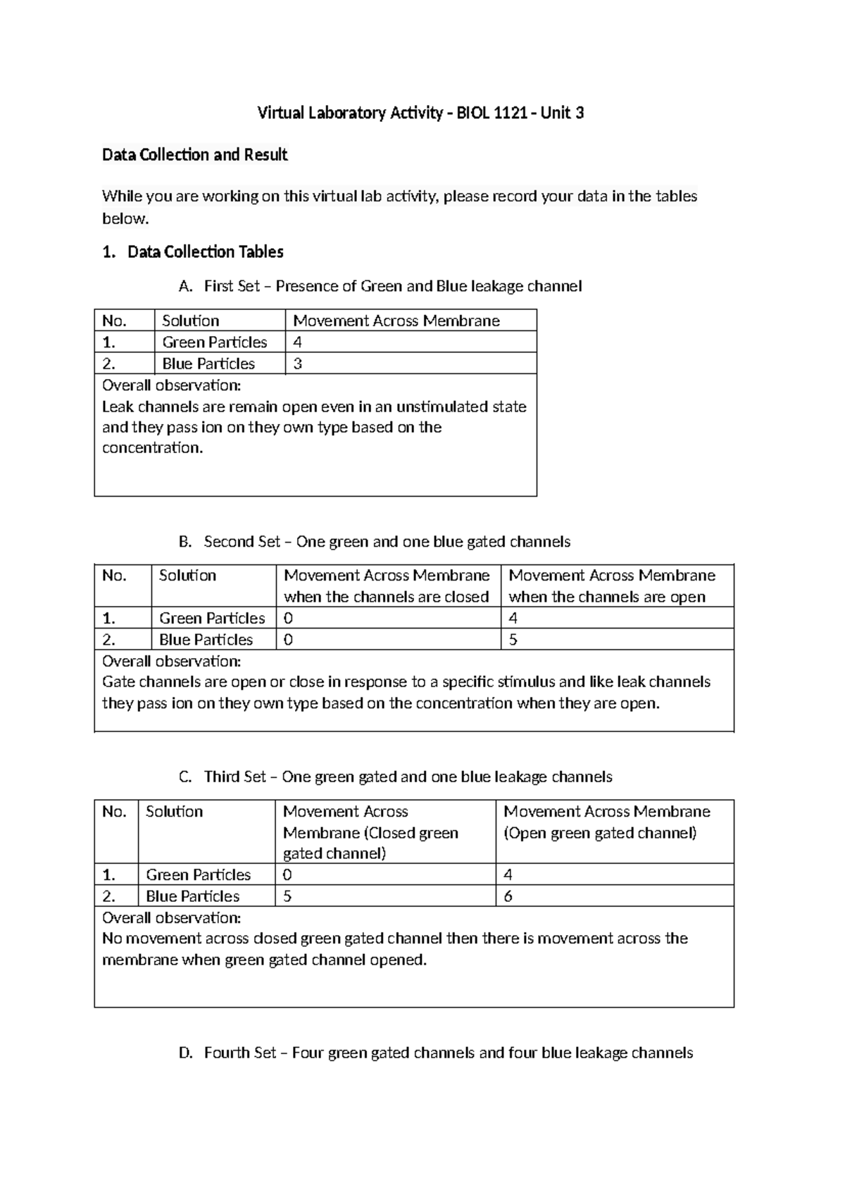 Virtual Laboratory Activity Biol 1121 Unit 3 Data Collection