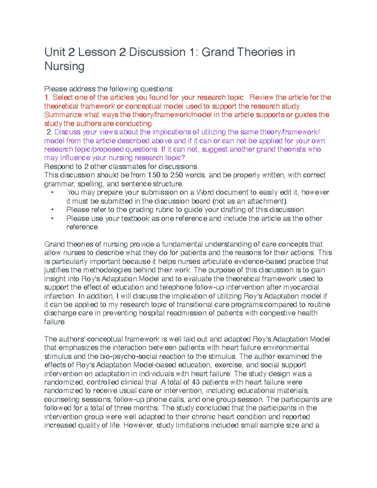 Unit 2 Lesson 2 Discussion 1: Grand Theories in Nursing - Unit 2 Lesson ...